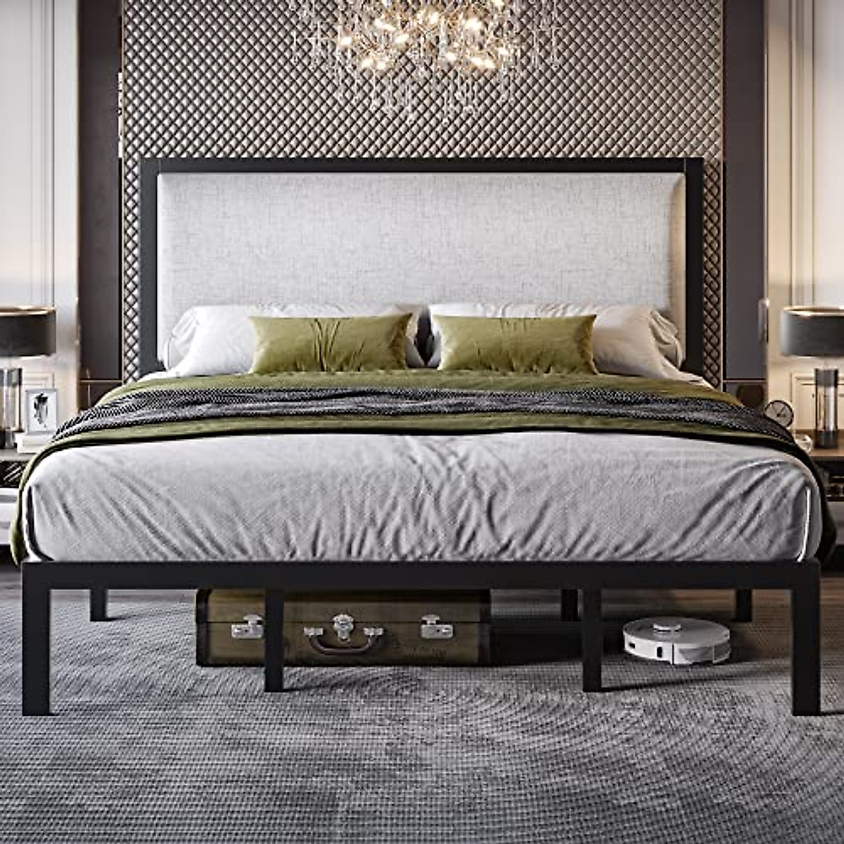 Allewie King Size Metal Platform Bed Frame with Upholstered Headboard, Heavy Duty Steel Structure, Wood Slat Support, Mattress Foundation, No Box Spring Needed, Grey