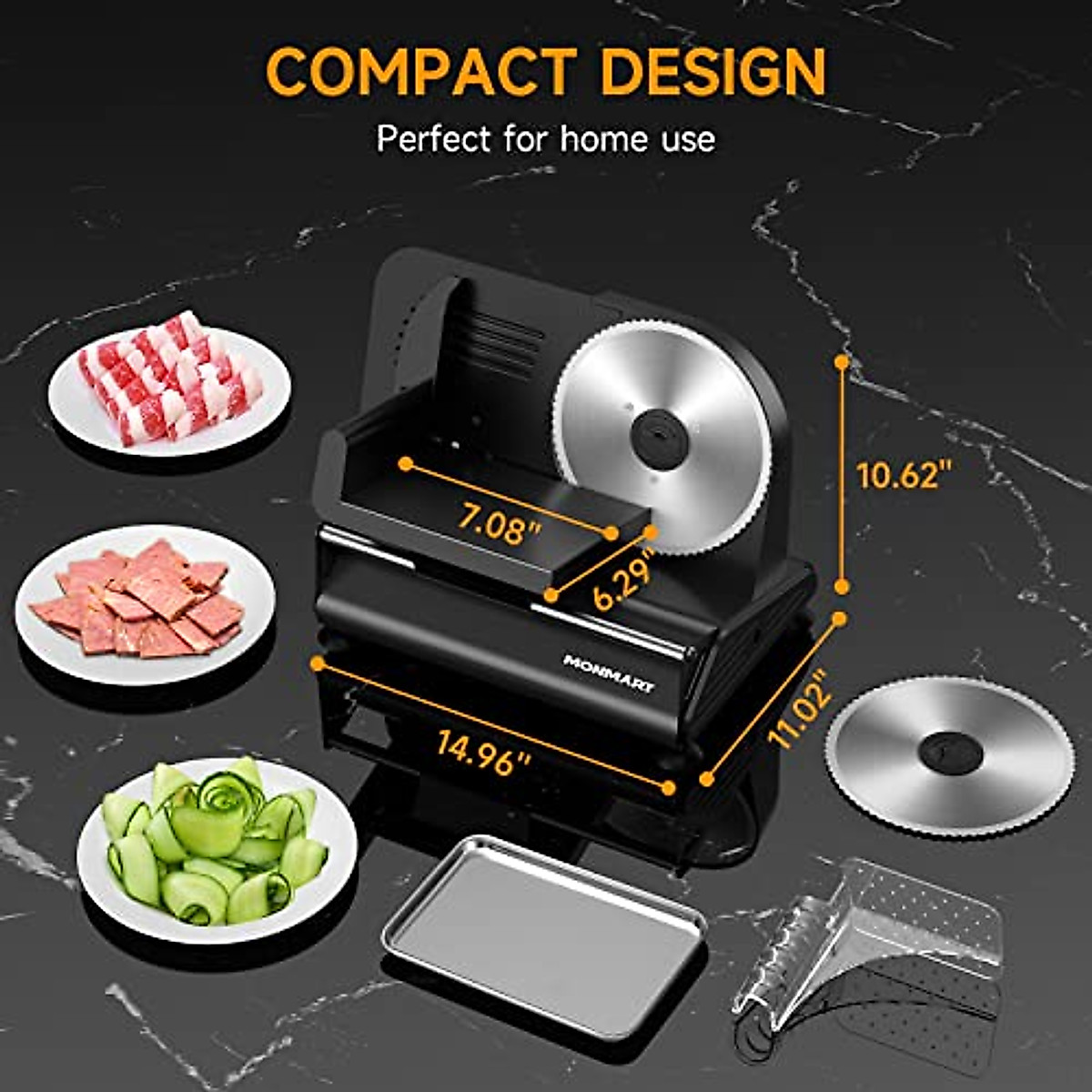 200W Meat Slicer with Two 7.5” Blades & One Stainless Steel Tray for Home Use, Electric Deli Food Slicer with “Upgrade” Big Thickness Knob (0-15mm) Cut Meat Cheese Bread, Easy to Clean
