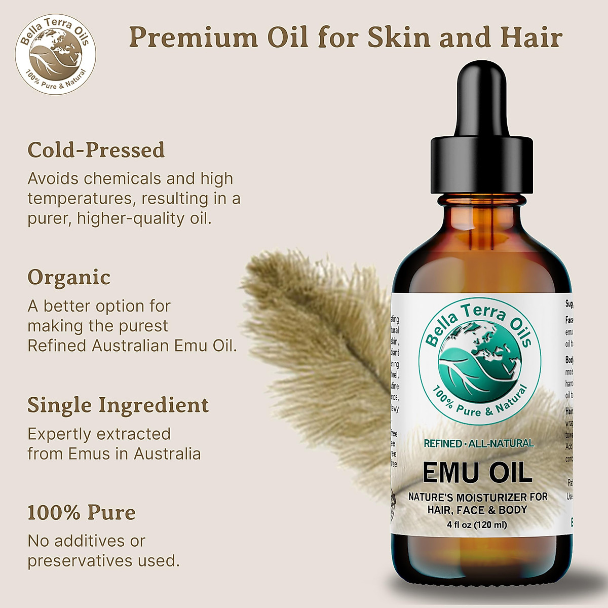 Bella Terra Oils - Emu Oil 4 oz - Genuine Pure Australian Emu, Infused with Linoleic & Oleic Acid, Perfect Companion for Lustrous Skin