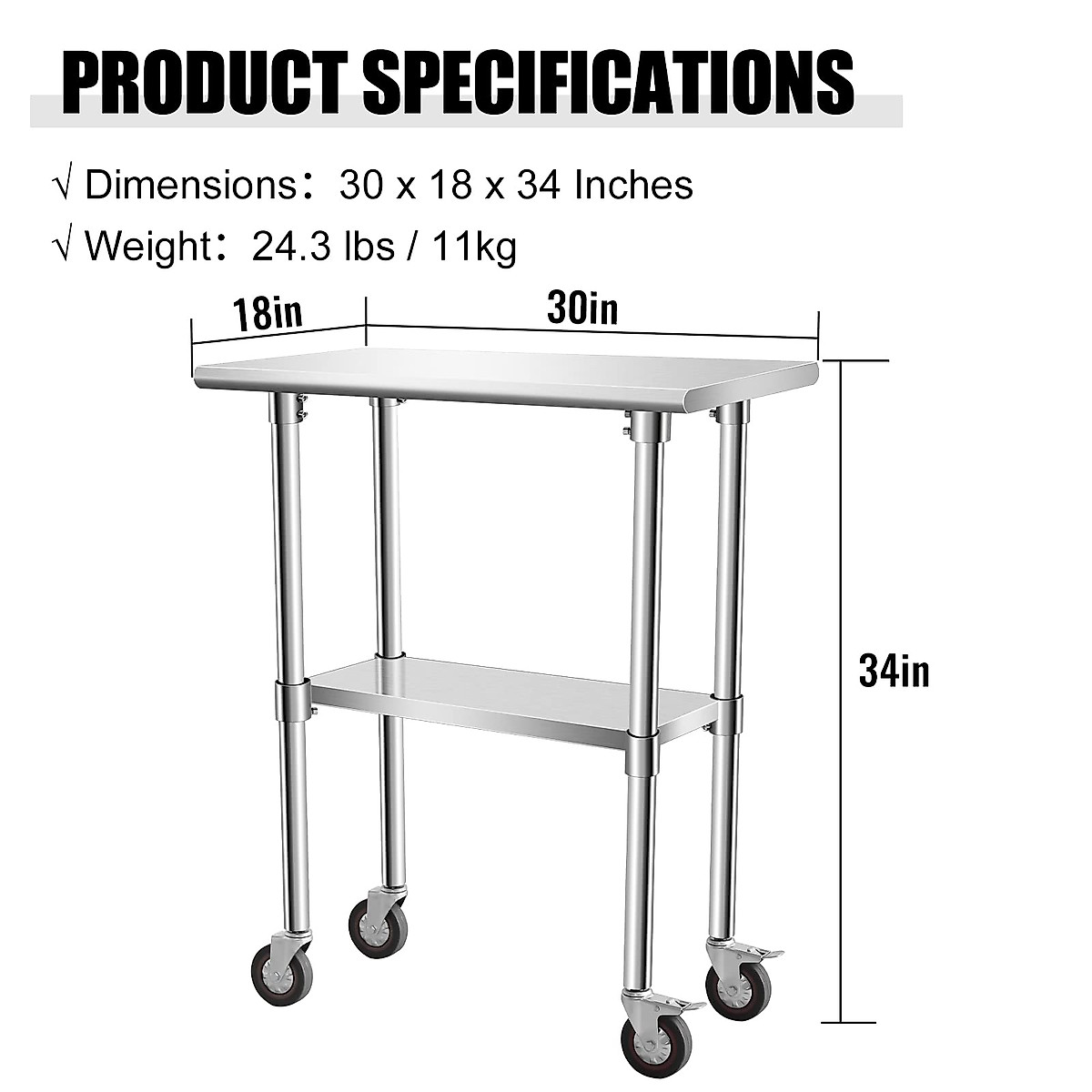 KODOM Food Prep Stainless Steel Table 30" x 18", Heavy Duty Workbench with Adjustable Under Shelf, Commercial Worktable with 4 Casters for Commerical Kitchen, Restaurant, Home and Hotel