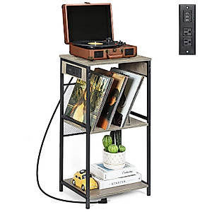 Record Player Stand Turntable Stand with Record Storage Vinyl Player Stand with Charging Station Grey Nightstands with USB Modern End Table for Living Room Bedroom Office