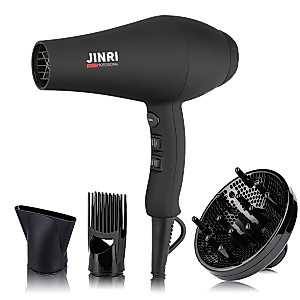 Ionic Infrared Blow Dryer - 1875W Professional Salon Dryer with Diffuser & Concentrator Attachments for Curly Hair, Black (XX-Large)