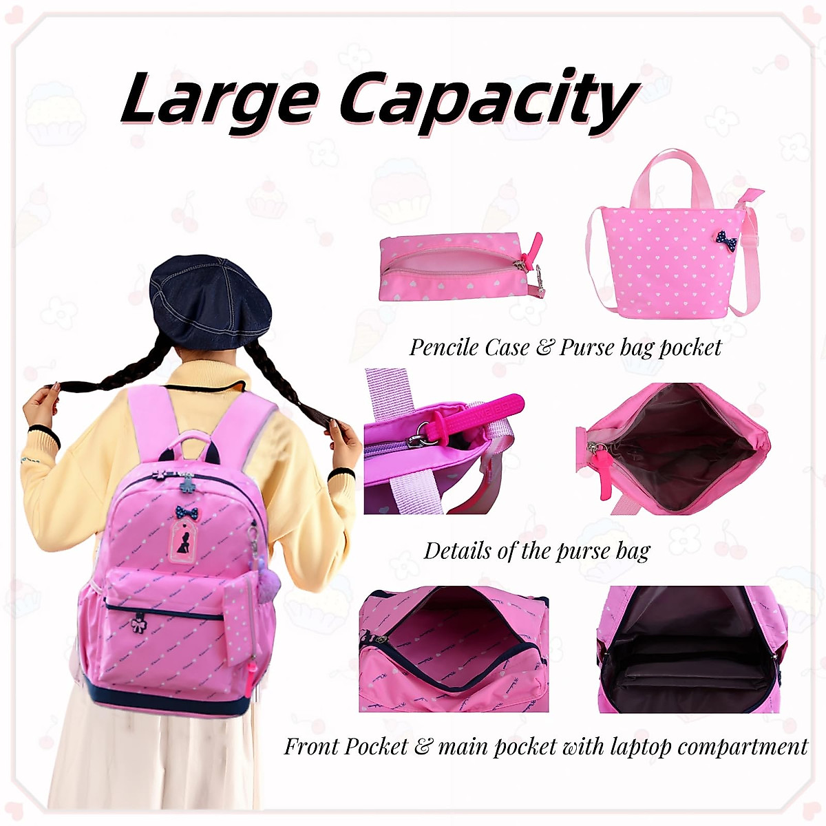 VIDOSCLA 3Pcs Heart Printing Backpack Sets Bowknot Primary Schoolbag Travel Daypack Shoulder Bag Girls Rucksack knapsack
