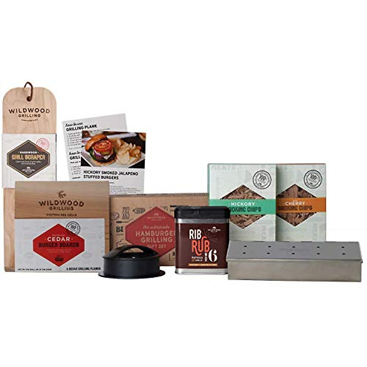 Hamburger Grilling Gift Set – Includes Smoker Box & Smoking Chips, Spices, Planks, Patty Press, Grill Scraper and More