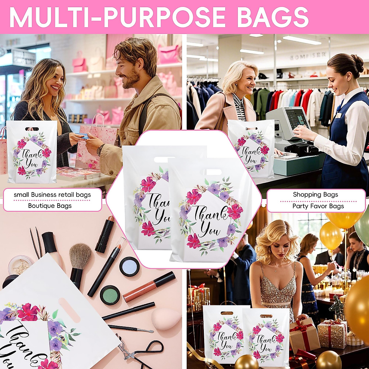 POPGIFTU Floral Thank You Plastic Bags 50 Pack 12" x 15" Thank You Bags for Small Business, Thank You Shopping Bags with Handles, for Boutique, Retail, Gift Bags, Clothes, Party Favors