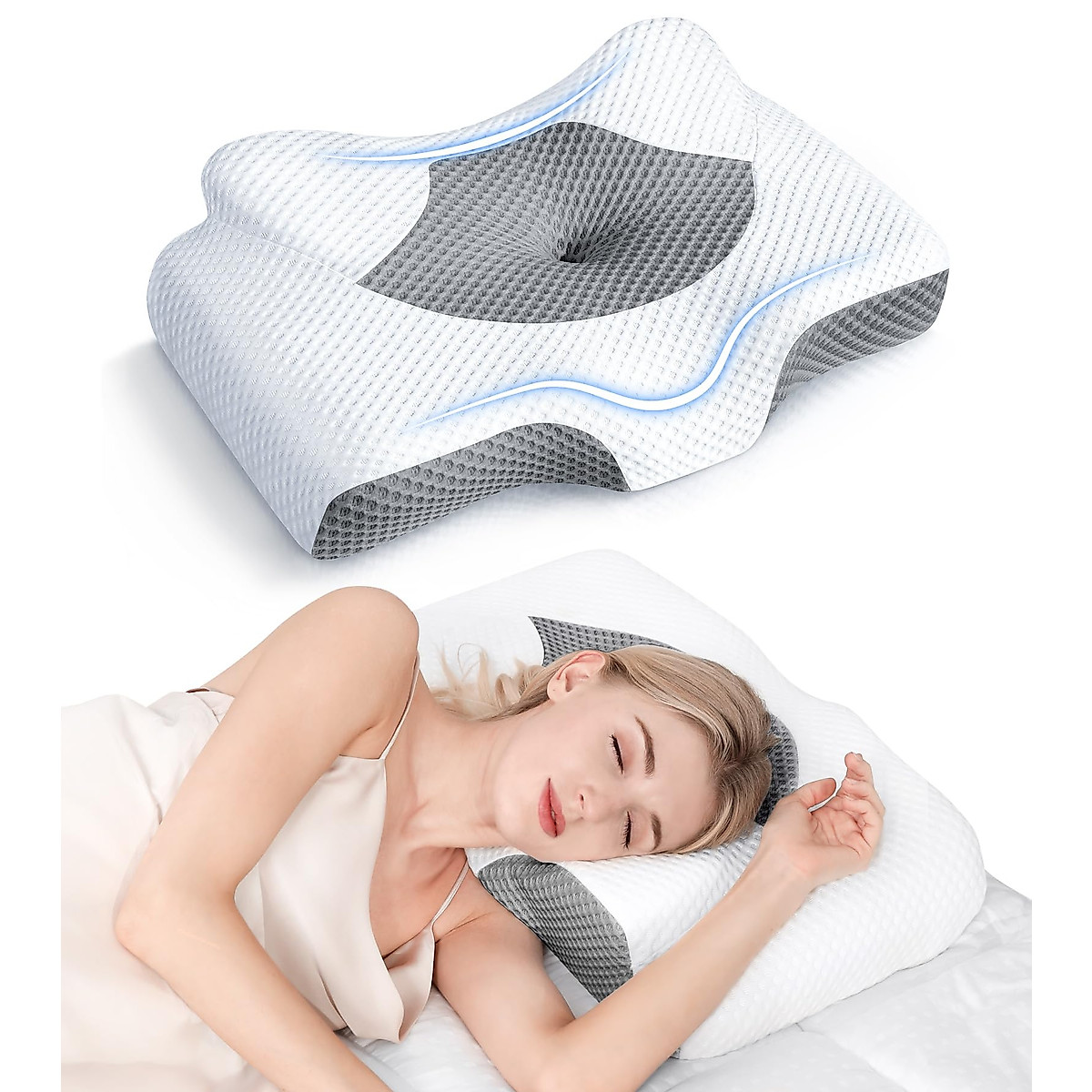 Cervical Pillow for Neck Pain Relief, Hollow Design Odorless Memory Foam Pillows with Cooling Case, Adjustable Orthopedic Bed Pillow for Sleeping, Contour Support for Side Back Stomach Sleepers