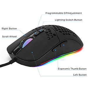 Attoe USB C Mouse,Lightweight Gaming Type C Mouse up to 7200 DPI,Wired Mouse for MacBook Pro Chromebook Laptop PC and More USB Type C Devices (Black)