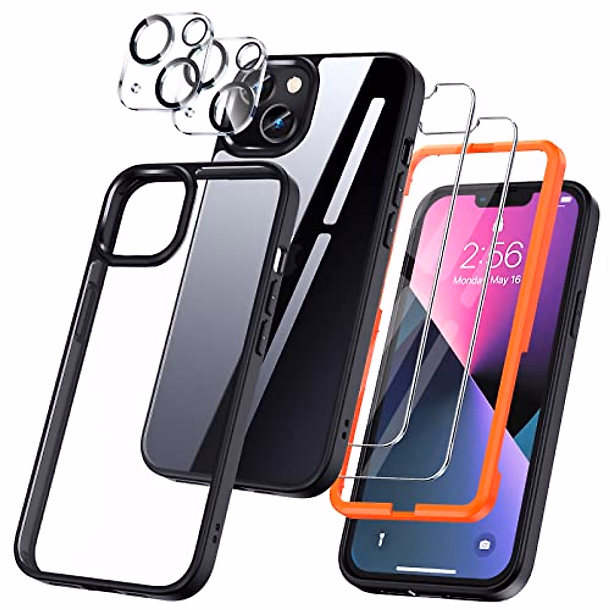 UniqueMe [5 in 1 Design for iPhone 13 Mini ase, 2 Pack Screen Protector Tempered Glass + 2 Pack Camera Lens Protector, [Non-Yellowing] Shockproof Ultra Thin Protective Cover - Black