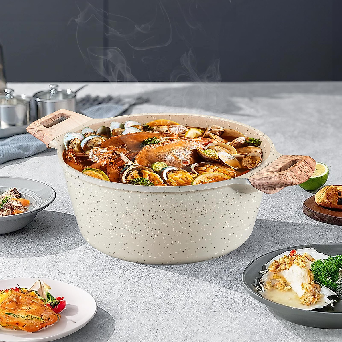 TIPTAP Nonstick Stock Pot,Granite Cookwear Soup Pot with Lid, 4 L/4.23 Qt Cooking Pot,Casserole Nonstick Stock Pot, Induction Pot for Soup, Broth, Chili, Stew - All Stove Compatible, (White)