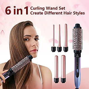 Erokicysh Curling Iron 6 in 1 Hair Curling Wand Set with Curling Brush Instant Heat Up Beach Waver Long Hair Curlers Iron 6 Interchangeable Ceramic Barrel 0.35-1.25 Inch Short Hair Crimper for Women