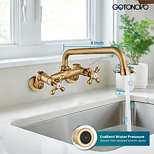 gotonovo Wall Mount Faucet 6 Inch Center Antique Brass Kitchen Sink Taps 2 Cross Knobs Handle Victorian Commercial with 9inch spout