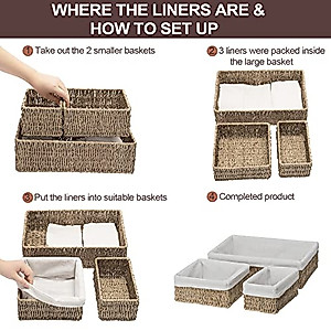 FairyHaus Seagrass Storage Baskets with Liner, Natural Small Seagrass Baskets, Hand-woven Nesting Wicker Baskets Set for Shelves Rectangle 3Pack (L+M+S)