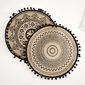2 Pcs Boho Round Place Mats with Pompom Woven Jute Placemats Rustic Macrame Coasters for Dining Room Kitchen Table Decor Style 4