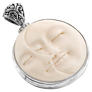 Carved Sun Crescent Moon Moonface Duo Goddess Bison Bone 925 Sterling Silver Pendant, 1 3/4"