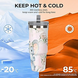 RTFGHJS Cute Elephant_80395810 30 Oz Tumbler with Handle And Flip Straw, Stainless Steel Vacuum Insulated Travel Mug, Thermal Cup for Coffee, Water, Iced Drinks, Fits Car Cup Holders (Home, Sports)