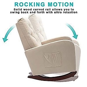 Rocking Accent Chair, Tufted Upholstered Luxury Velvet Lounge Chair, Glider Rocker Armchair with Side Pocket for Nursery, Living Room, Bedroom, Solid Wood Frame for 300 lbs Support (Sandy Beige)