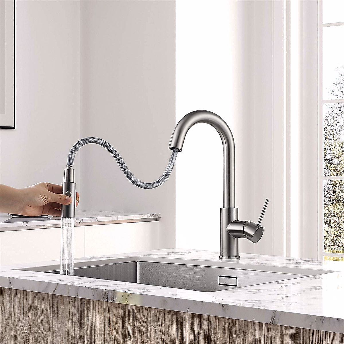 AguaStella AS1514XSS Stainless Steel Bar Sink with Glass Riner and AS59BN Brushed Nickel Pull Down Bar Faucet Combination