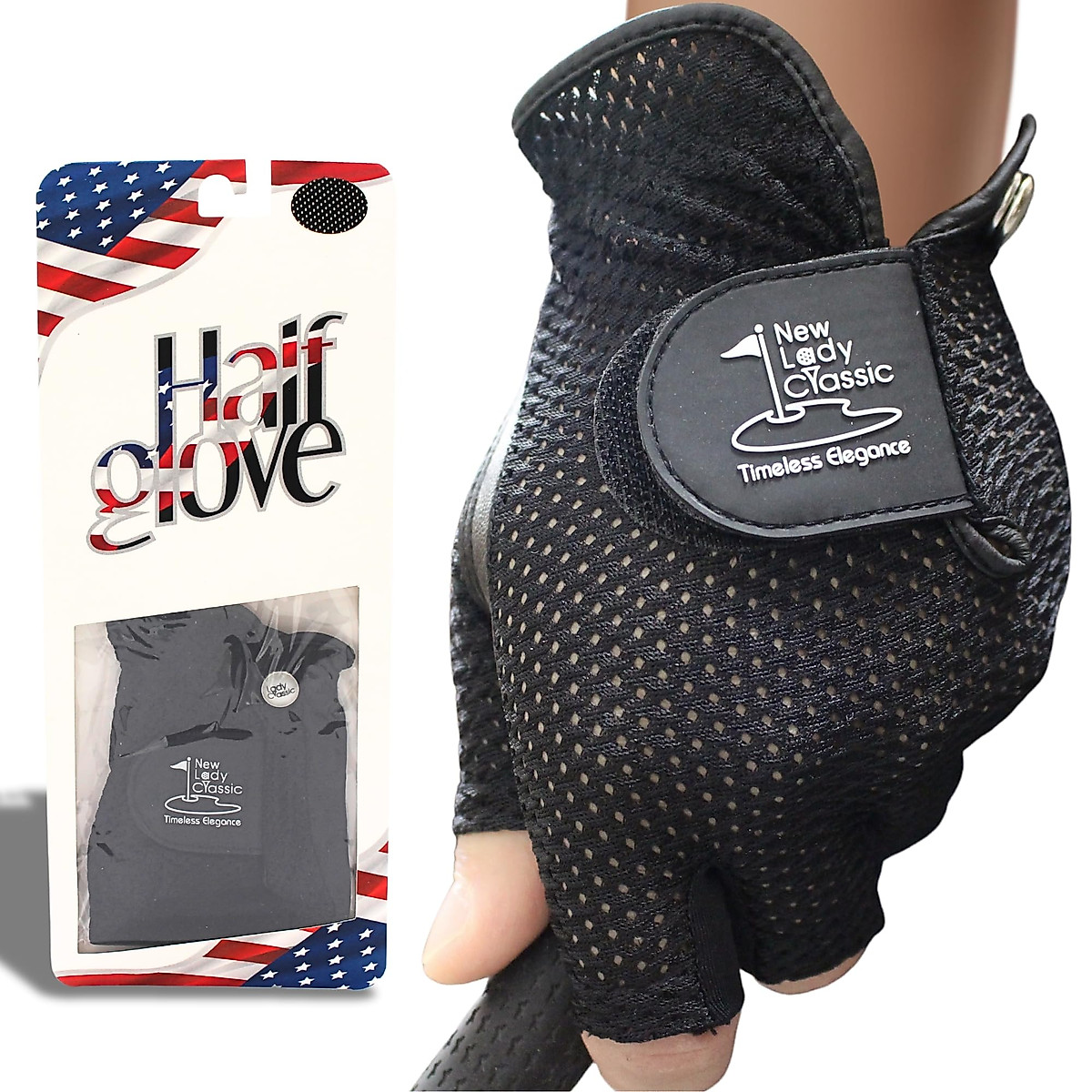 XEIRPRO New Lady Classic Women's Black Half Finger Golf Gloves - Tacky & Breathable Women's Golf Gloves Weather - Worn on Left (Black/Black, Small)