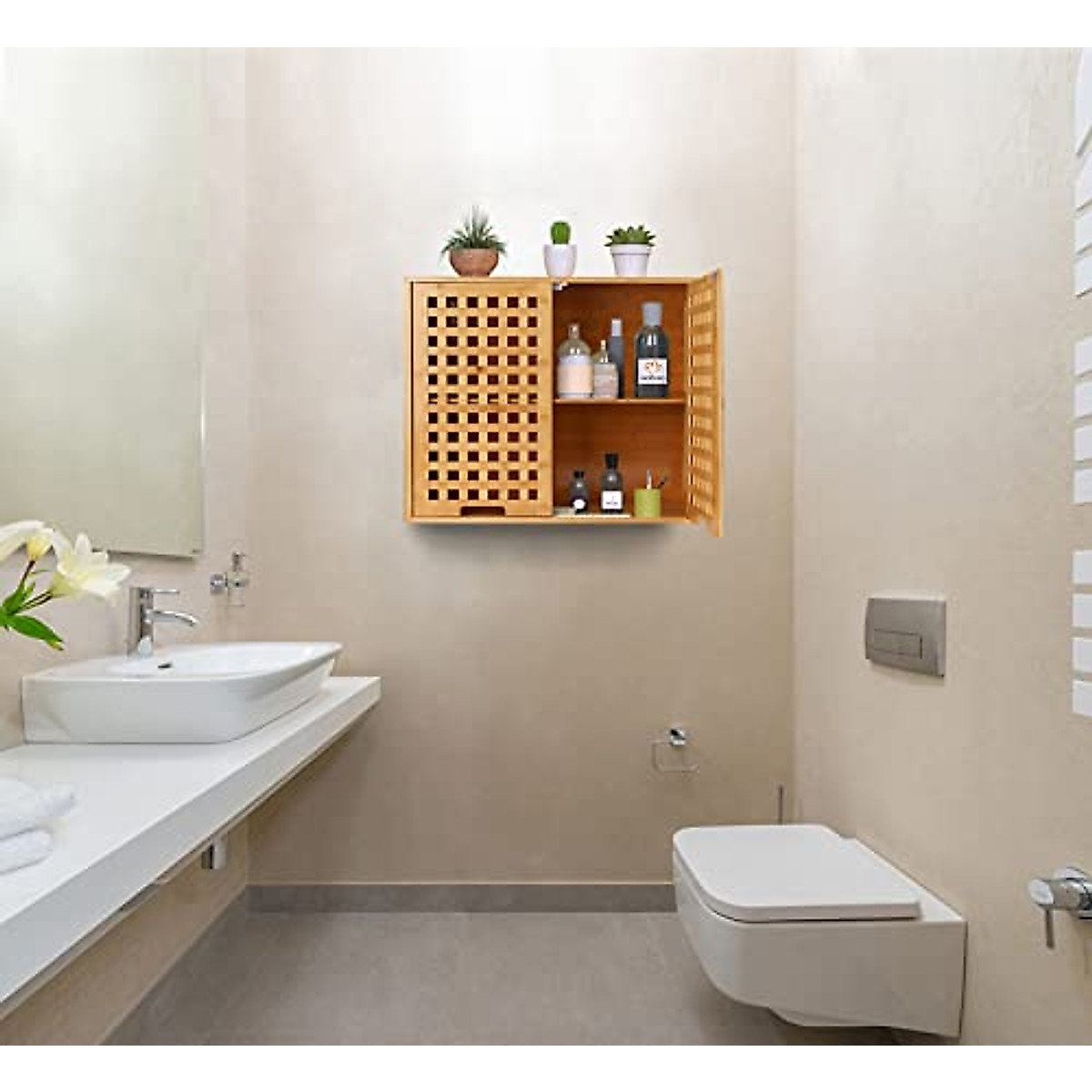 Bathroom Wall Cabinet Wall Mounted Organizer, Medicine Cabinet, Over The Toilet Storage, Bamboo Medicine Cabinets with Doors and Shelves, Wall Storage for Bathroom Kitchen Living Room (New Version)
