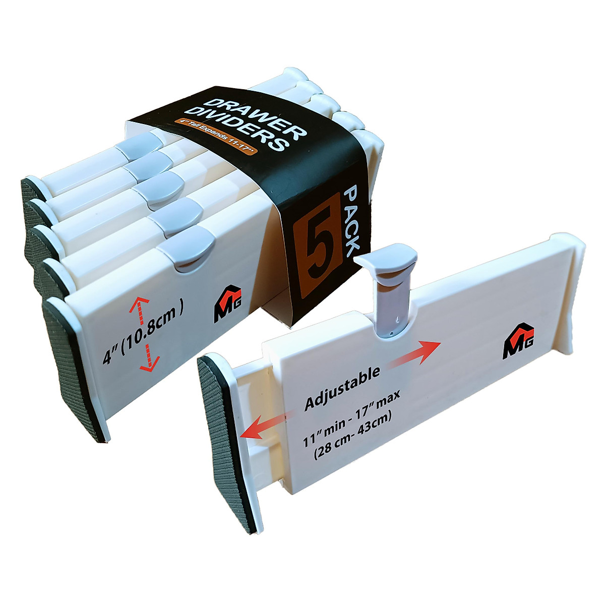 Drawer Dividers Adjustable for Clothes by Maginare, Pack of 5, Easy Locks in Place, EVA Foam Ends, 4" High, Expandable 11-17", Sturdy, for Bedroom, Bathroom, Closet, Office