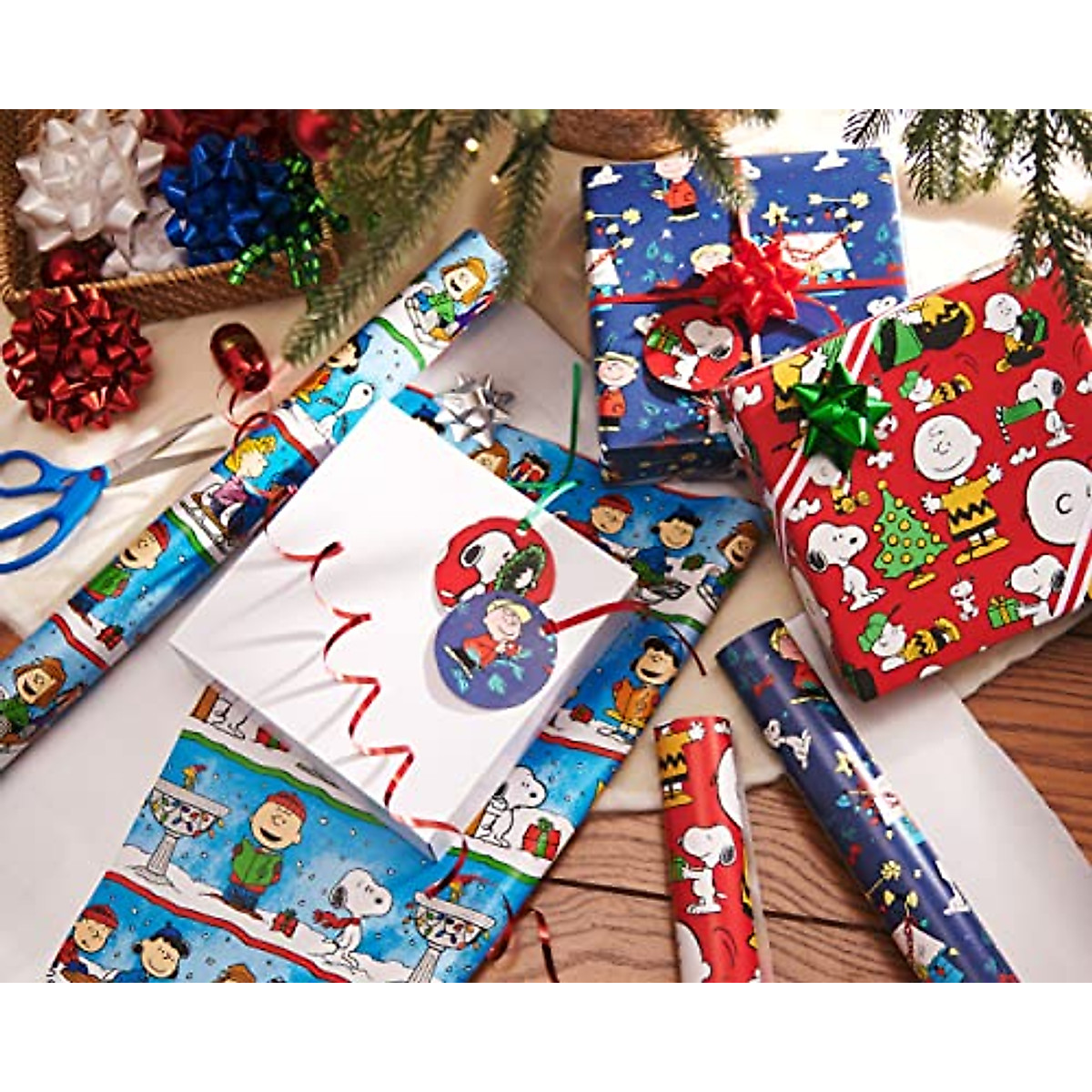 American Greetings 105 sq. ft. Peanuts Christmas Wrapping Paper Bundle with Cut Lines, Peanuts Characters (3 Rolls 30 in. x 14 ft.)