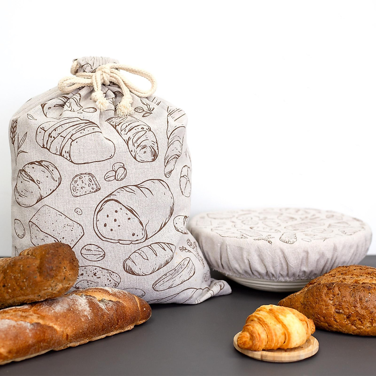 Verigud Bread Bags for Homemade Bread with Bowl Cover, Linen Bread Bag with Inner Lining, Large Sourdough Bread Bags for Homemade Bread Storage, Reusable Bowl Cover with Inner Lining