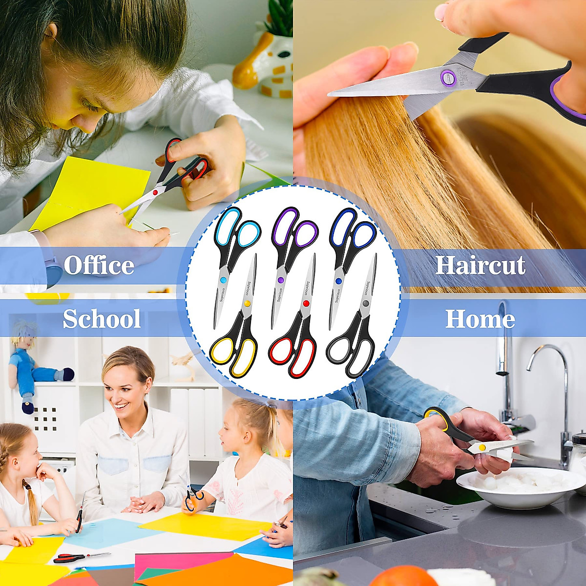 Scissors Set of 6-Pack, 8" Scissors All Purpose Comfort-Grip Handles Sharp Scissors for Office Home School Craft Sewing Fabric Supplies, High/Middle School Student Teacher Scissor, Right/Left Handed