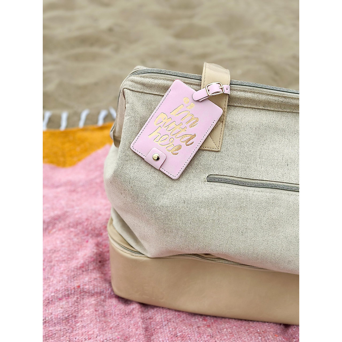 Ban.do Getaway Suitcase Tag for Travel, Pink Durable Vegan Leather Luggage Identifier, I'm Outta Here