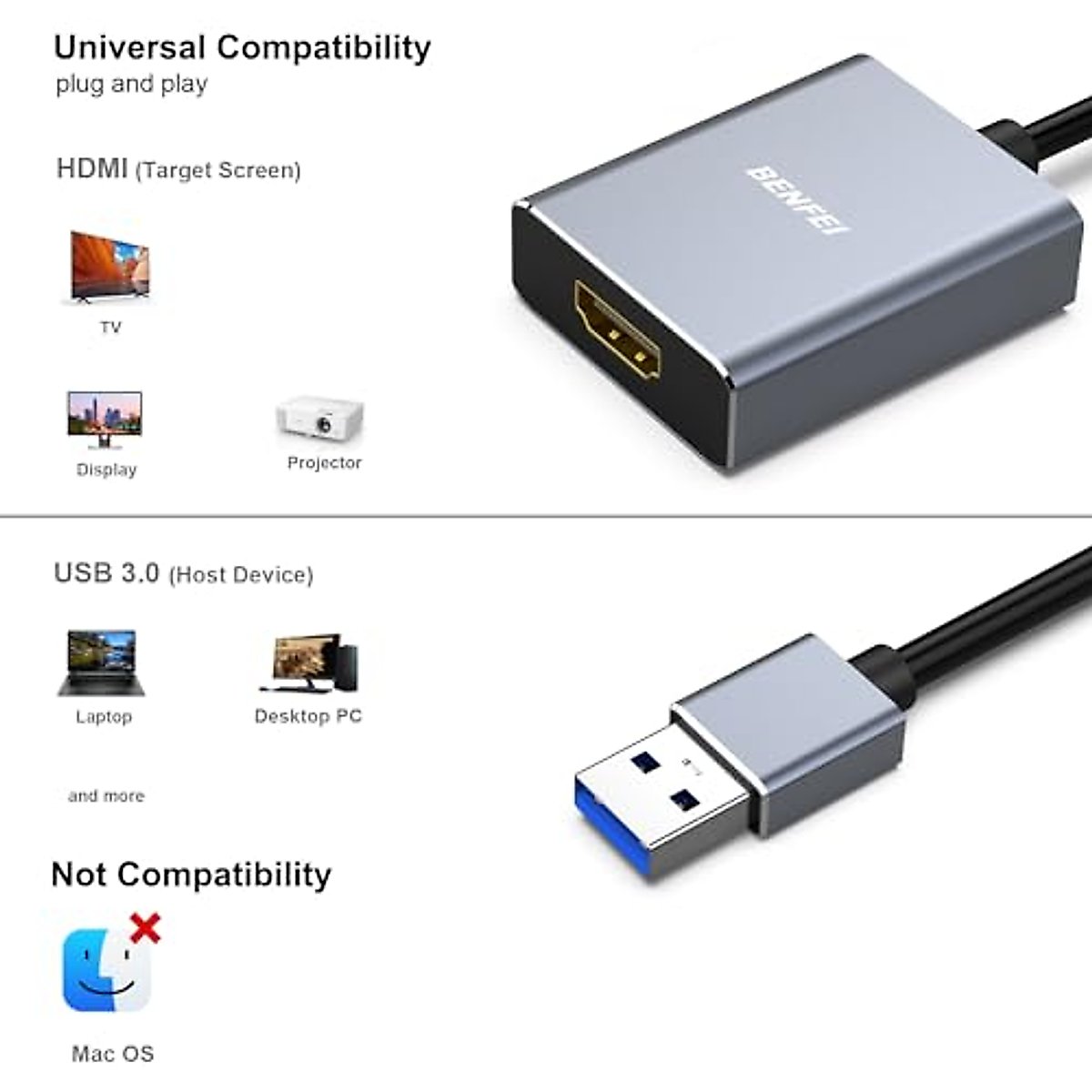 BENFEI USB 3.0 to HDMI Adapter, USB 3.0 to HDMI Male to Female Adapter for Windows 11, Windows 10, Windows 8.1, Windows 8, Windows 7(Not for Mac)