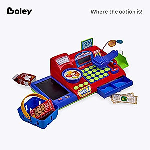 Boley Kids Toy Cash Register Set - Interactive 19pc Red Playset with Scanner, Microphone, Calculator, Play Money, Credit Card Reader, Grocery Items, Ideal for Boys & Girls Ages 3+