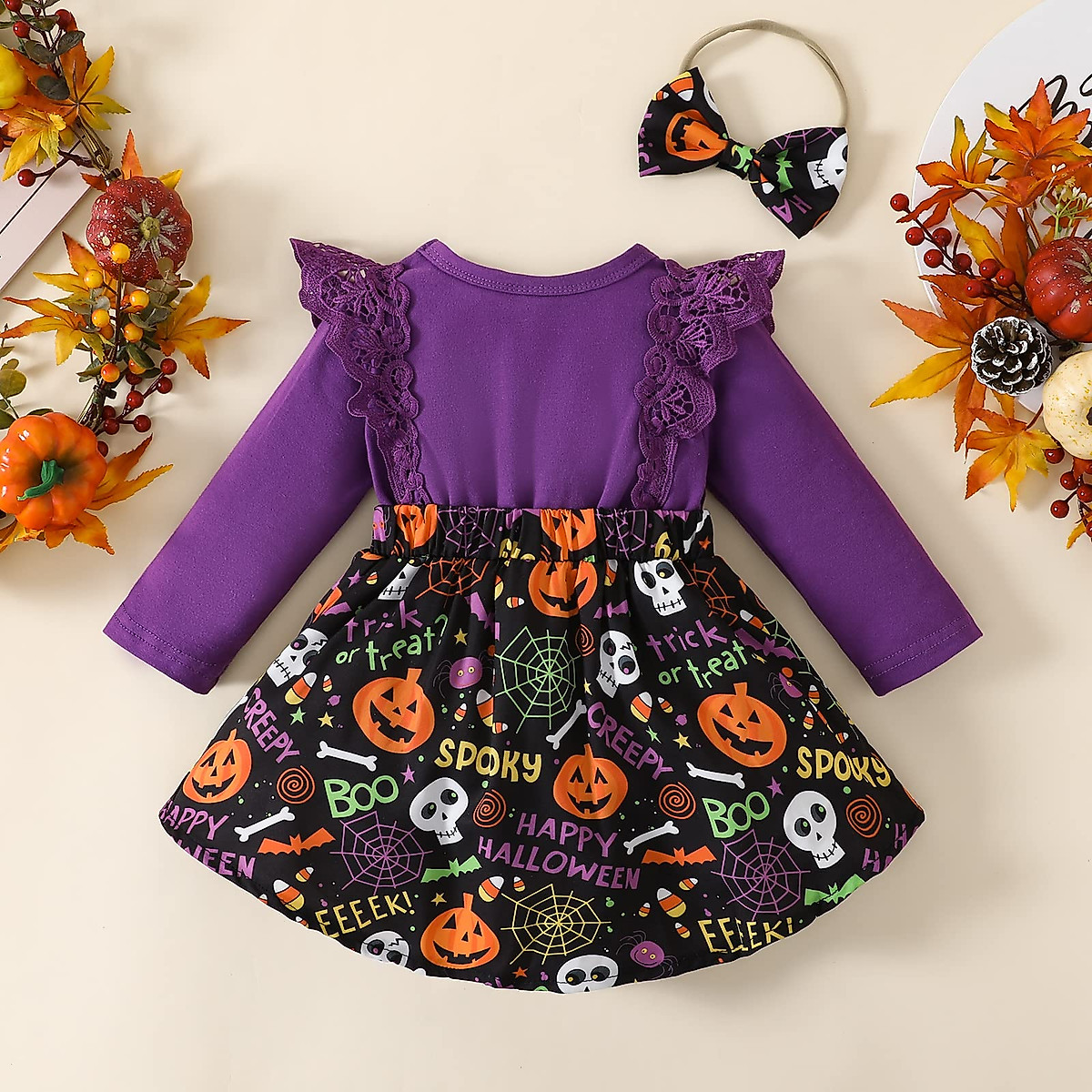 Guodeunh Newborn Baby Girl Halloween Outfits Ruffle Pumpkin Romper Tunic Drees Long Sleeve Skirt Set+Headband Fall Winter Clothes（Purple- Black,12-18 Months）