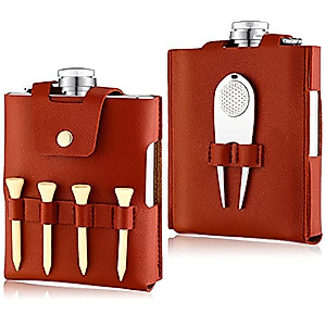 Golf Flask Gift Set 7 oz Stainless Steel Golf Flask with Leather Case Golf Accessories for Men and Women Includes Drinking Flasks Divot Tool Ball Marker and 4 Golfer Tees