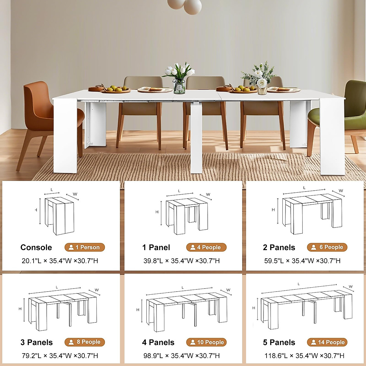 Extendable Console Table, Mid Century Modern Expandable Dining Table with Extension Leaves Holder, 20" to 118" Transformer Table for Kitchen, Bedroom, Living Room, Space-Saving Furniture (White)