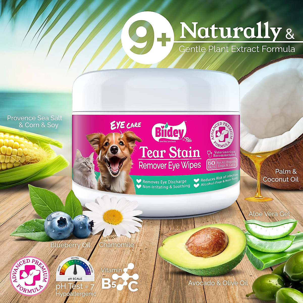 Biidey Dog Eye Wipes, Tear Stain Remover for Dogs and Cats, Gentle Cleansing for Puppy Eyes, Removing Discharge Pet Face and Ears, Essential Grooming Supplies, Paw Cleaner Wipes (60 pcs)