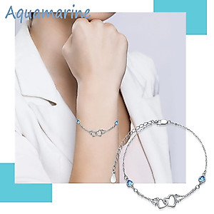 Light Blue Bracelet for Women 925 Sterling Silver Double Heart Bracelets Aquamarine Dainty Beach Jewelry Friendship Heart Chain March Birthstone Jewelry for friend Best Friends