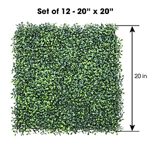 Artificial Boxwood Hedge Panels for Wall Backdrop, Divider Screen, Privacy Fence, Party Decor 20” x 20” Set of 12 Faux Greenery Fake Grass Garden Turf Foliage Tile Mats for Indoor, Outdoor Decoration