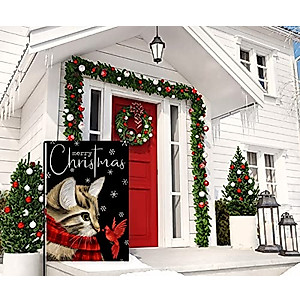 Christmas Cat Garden Flag 12x18 Vertical Double Sided Merry Christmas Cardinal Bird Farmhouse Winter Holiday Outside Decorations Black Burlap Yard Flag BW213