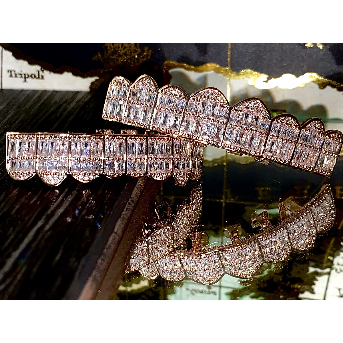 14k Rose Gold Baguette Joker Pink Grillz for Mouth Top Bottom Hip Hop Teeth Grills for Teeth Mouth Grillz for Mouth Top Bottom Hip Hop 8 Teeth Prong Set Cz Diamonds Grills for Tooth