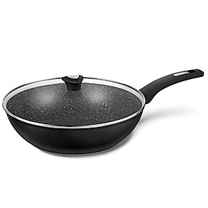 KOCH SYSTEME CS 12'' Black Wok with Lid, Ultra Non Stick Frying Pan with Glass Cover, Marble Coating Deep Frying Pan with APEO & PFOA-Free, Aluminum Stir Fry Pan, Induction Compatible
