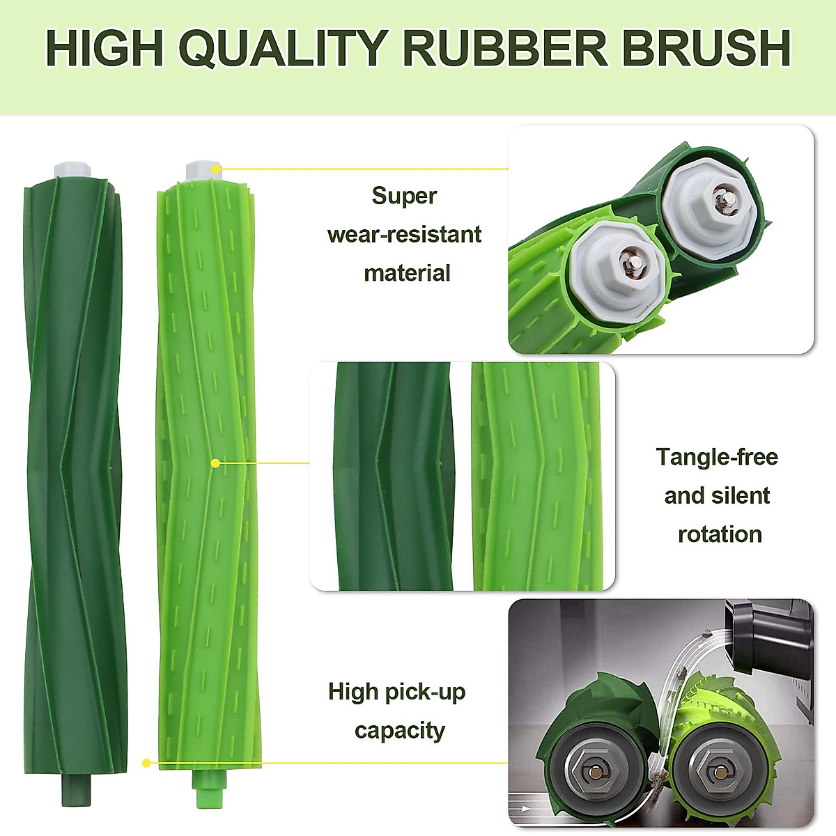 ZOCONE Replacement Parts accessories Compatible for iRobot Roomba E I & J Series E5 E6 E7 i7 i7+ i6 i6+ i4 i4+ i3 i3+ i2 i1 i1+, 1 Set Multi-Surface Rubber Brush, 5 Side Brushes and 5 HEPA Filters