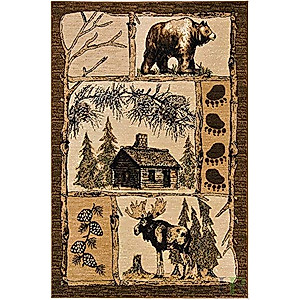 HR Cabin Rug–Lodge, Cabin Nature and Animals Area Rug–Modern Geometric Design Cabin Area Rug–Abstract, Multicolor Design– Moose/Bear/Lodge/Nature