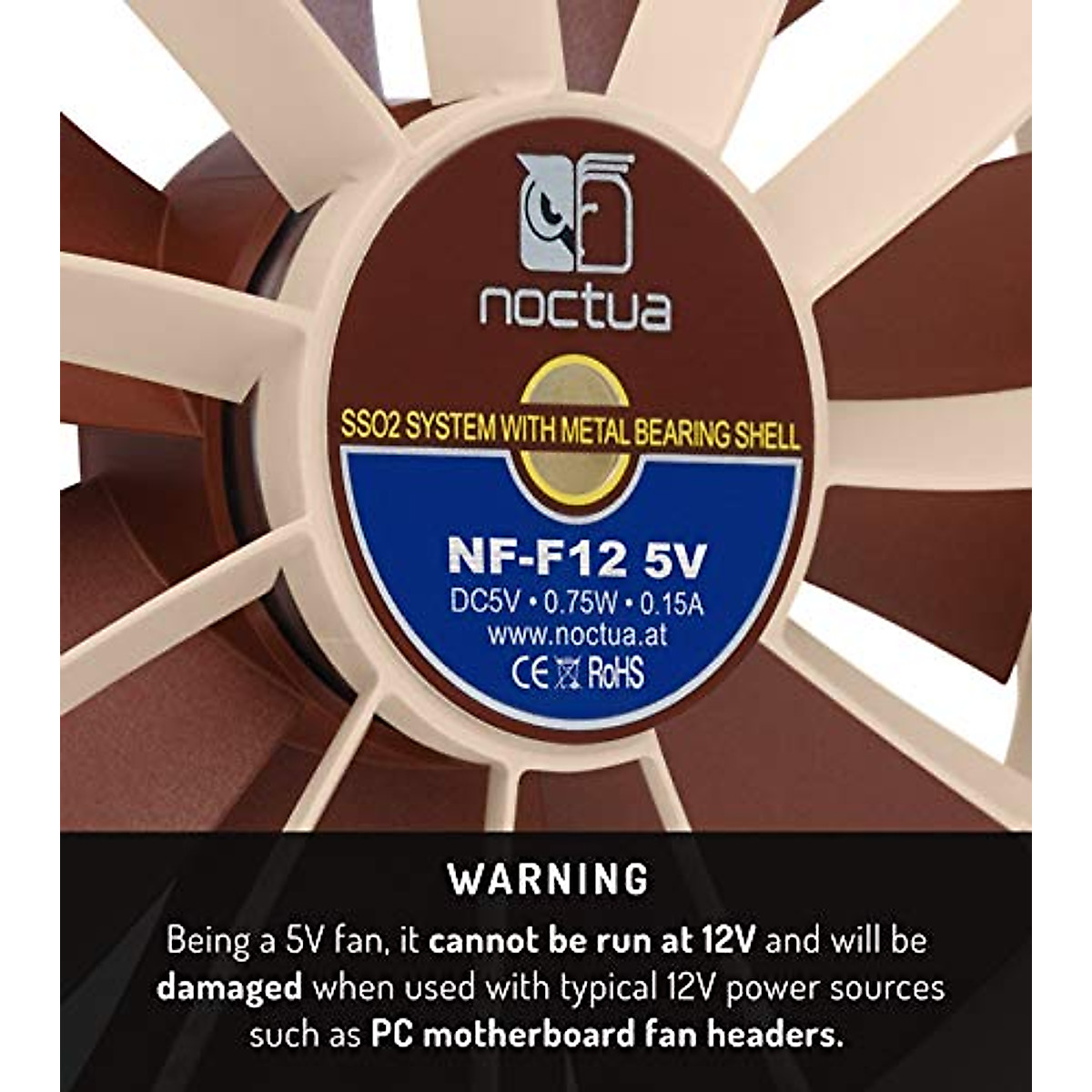 Noctua NF-F12 5V, Premium Quiet Fan with USB Power Adaptor Cable, 3-Pin, 5V Version (120mm, Brown)