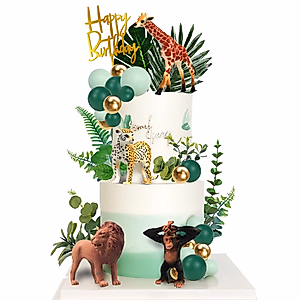 40 PCS Safari Jungle Cake Toppers Chimpanzee Monkey Cake Toppers Animals Figure Toys Gold Palms Picks Jungle Wild One Animals Cake Decorations for Baby Shower Safari Party Holiday Party (style 1)