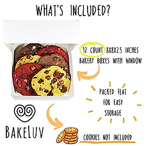 BAKELUV 8x8x2.5” White Bakery Boxes With Window | 12 Pack | Pastry Boxes with Window, Boxes for Strawberries, Dessert Boxes, Bakery Take Out Containers, 8x8 Bakery Boxes 8x8 Pastry Boxes