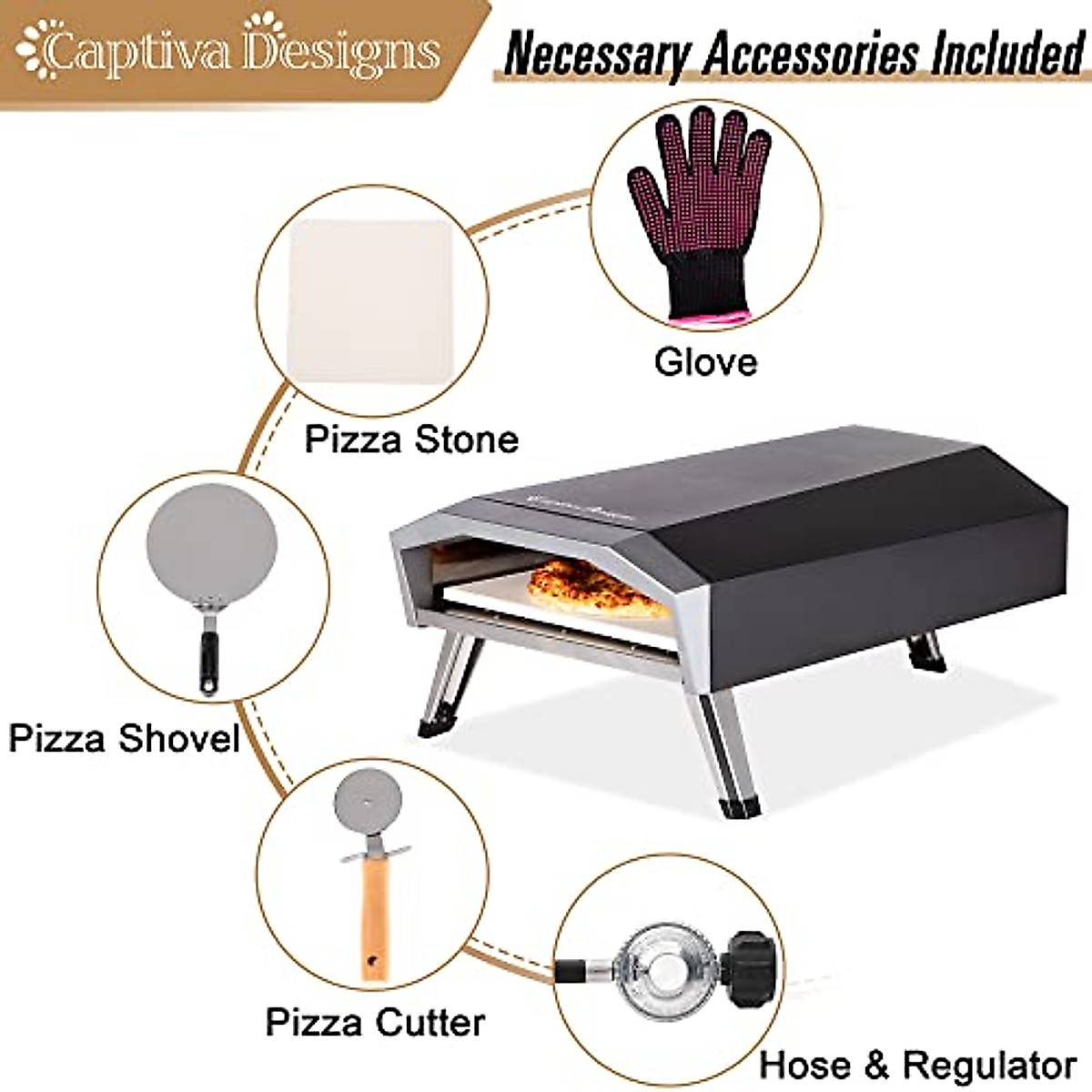 Captiva Designs Portable Outdoor Pizza Oven, Gas Pizza Oven for 13" Pizza, Propane Pizza Maker with Necessary Accessories - Ideal for Any Outdoor Kitchen