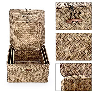 Hipiwe Wicker Shelf Baskets Bins with Lid Handwoven Storage Baskets Boxes Natural Seagrass Basket Box Home Decorative Household Organizer Bins Boxes for Shelf Organizing,Set of 3