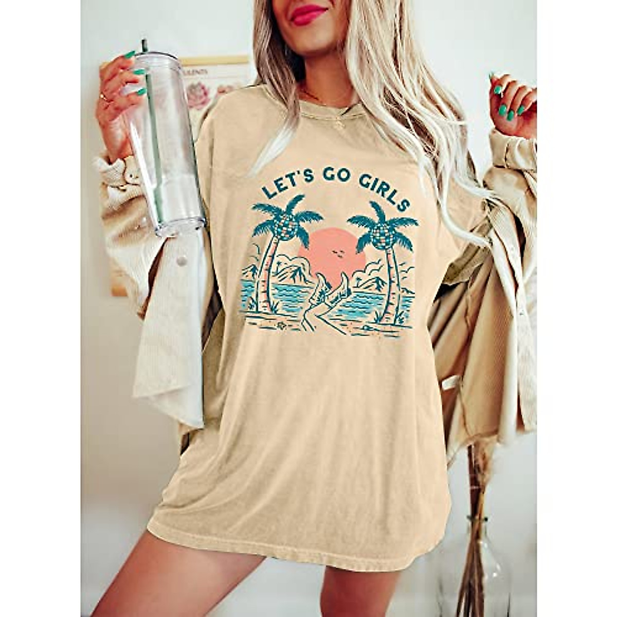 KNEYATTA Hawaii Oversized T Shirts Women Girls Trip Shirts Let's Go Girls T Shirt Beach Party Oversized Short Sleeve Tee