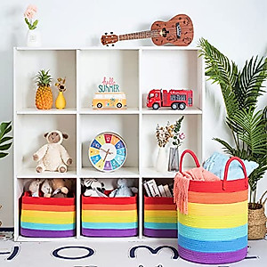 MINTWOOD Design Large Decorative Woven Cotton Rope Basket, Tall Laundry Basket Hamper, Blanket Basket for Living Room, Storage Baskets for Toys, Towel, Throw, Pillow, 60L Rainbow