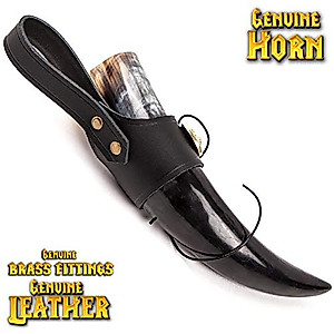Mythrojan THE LION ALWAYS PAYS ITS DEBTS - Viking Drinking Horn with Black Leather holder Authentic Medieval Inspired Viking Wine/Mead Mug – Polished Finish