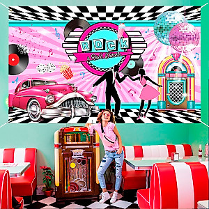 Mocsicka 50s Birthday Party Banner Back to 50's Rock and Roll Banner Backdrop 1950s Party Decorations Retro Rocking Backdrop for 50s Party, 72.8 x 43.3 Inch